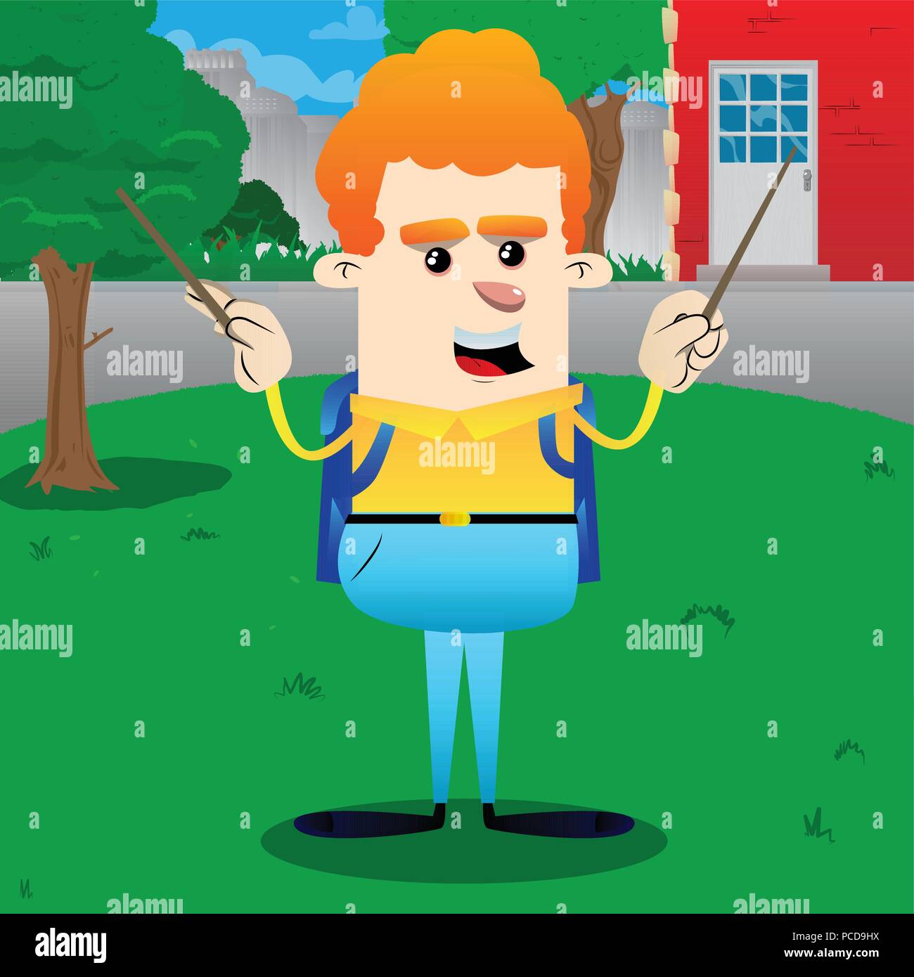 Schoolboy as an orchestra conductor. Vector cartoon character ...