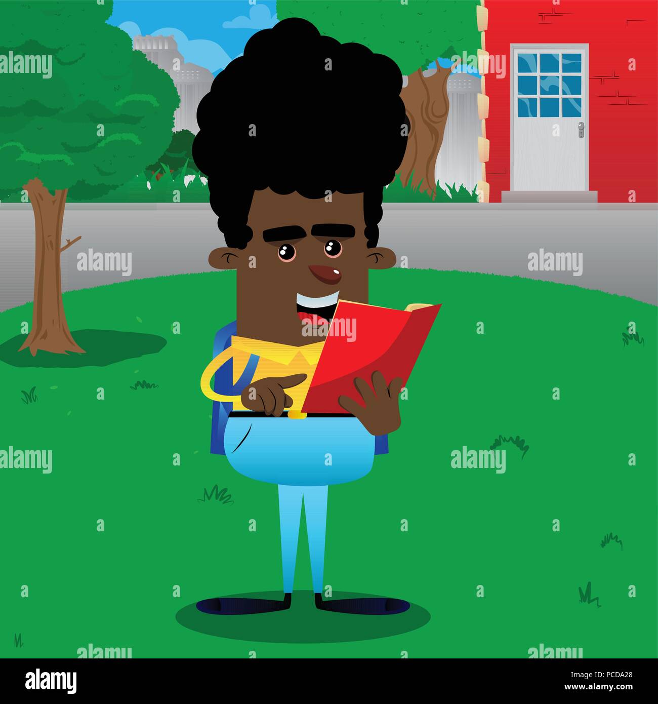 Schoolboy reading and pointing at an opened book. Vector cartoon ...