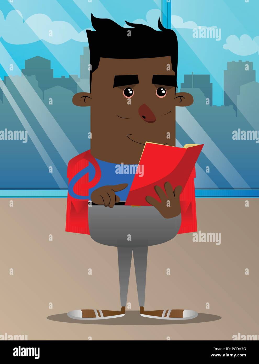 Schoolboy reading and pointing at an opened book. Vector cartoon ...