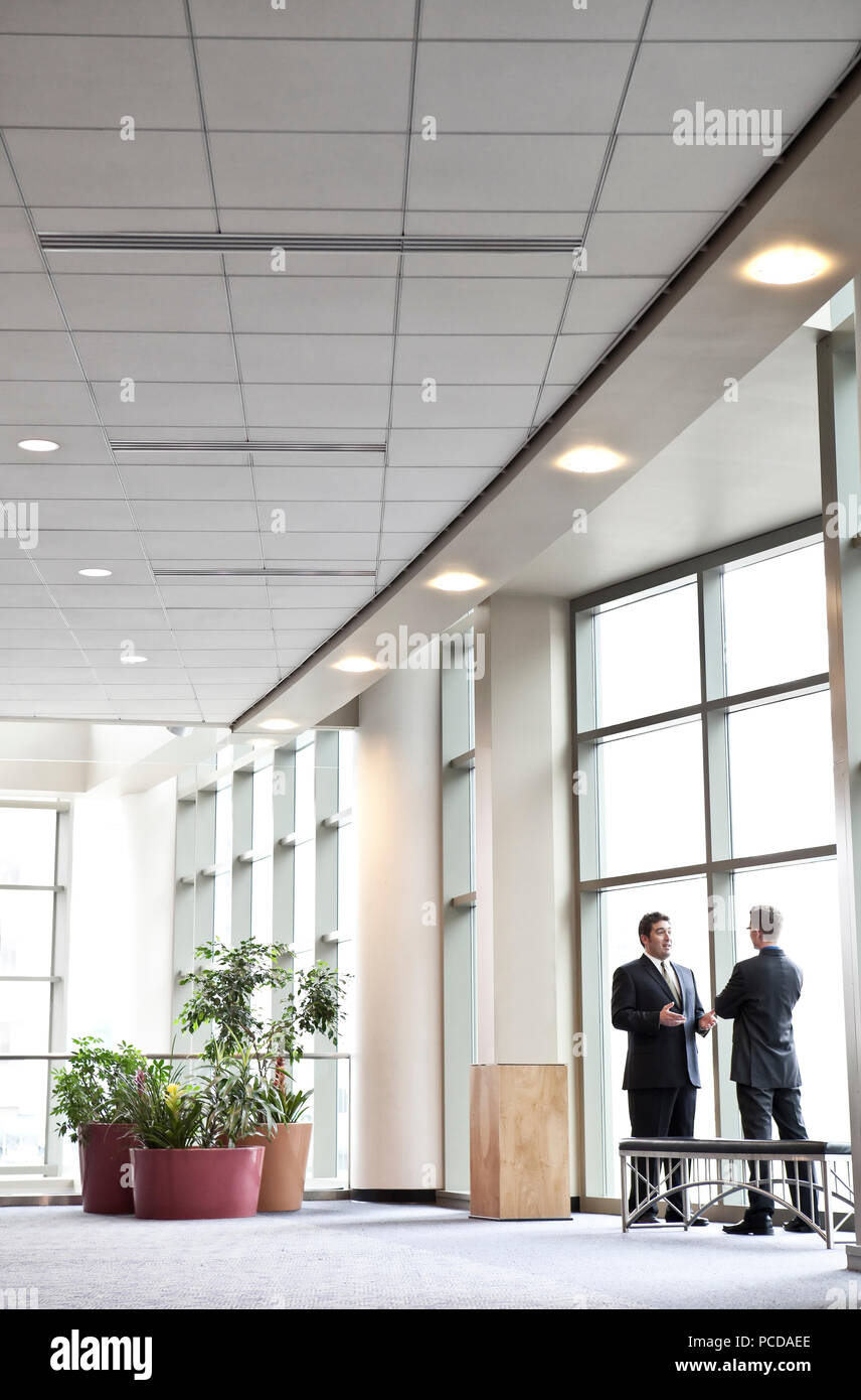 Two businessmen meeting in front of a window in a large convention ...