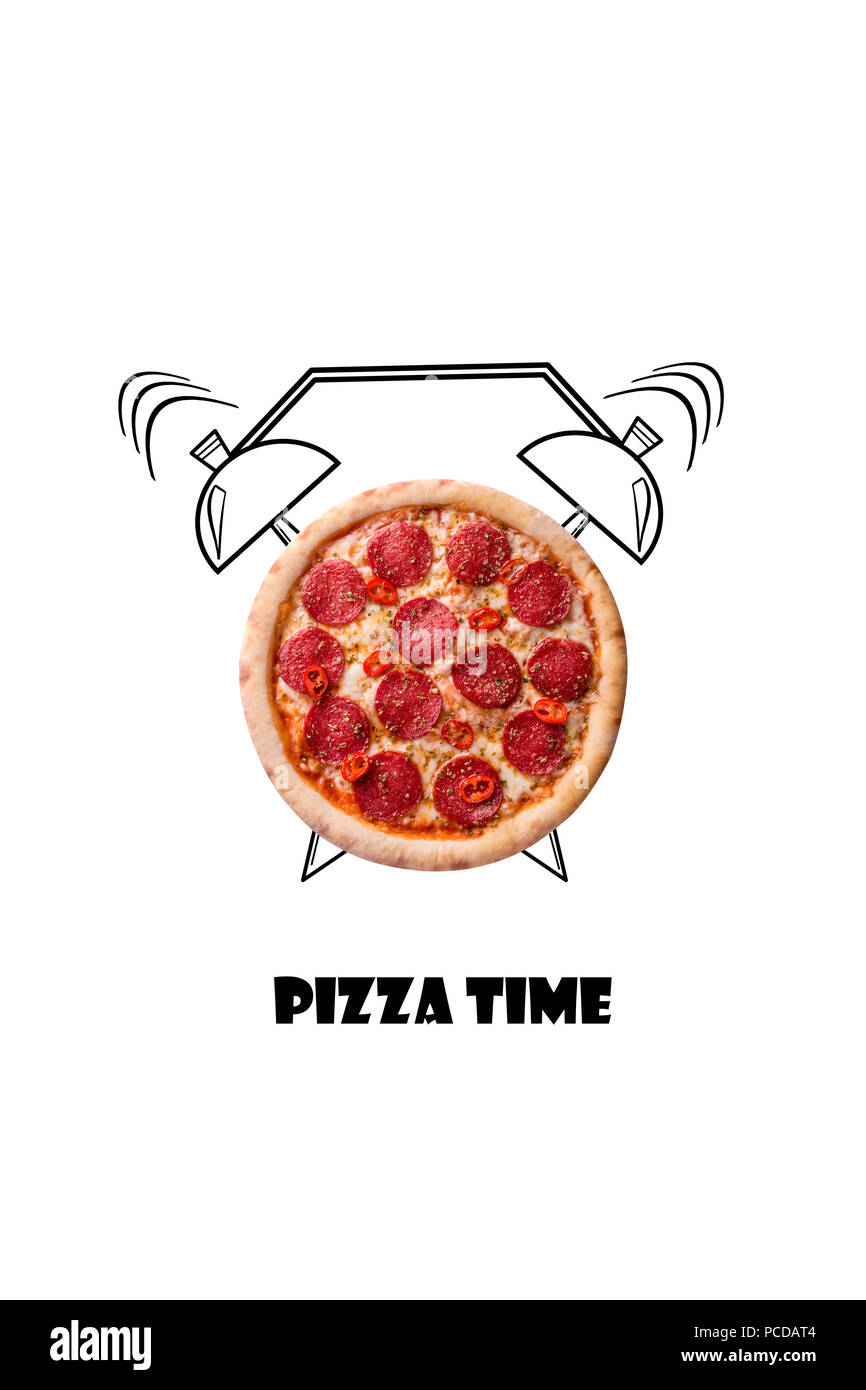 Pizza and alarm clock hand drawn illustration isolated on white ...