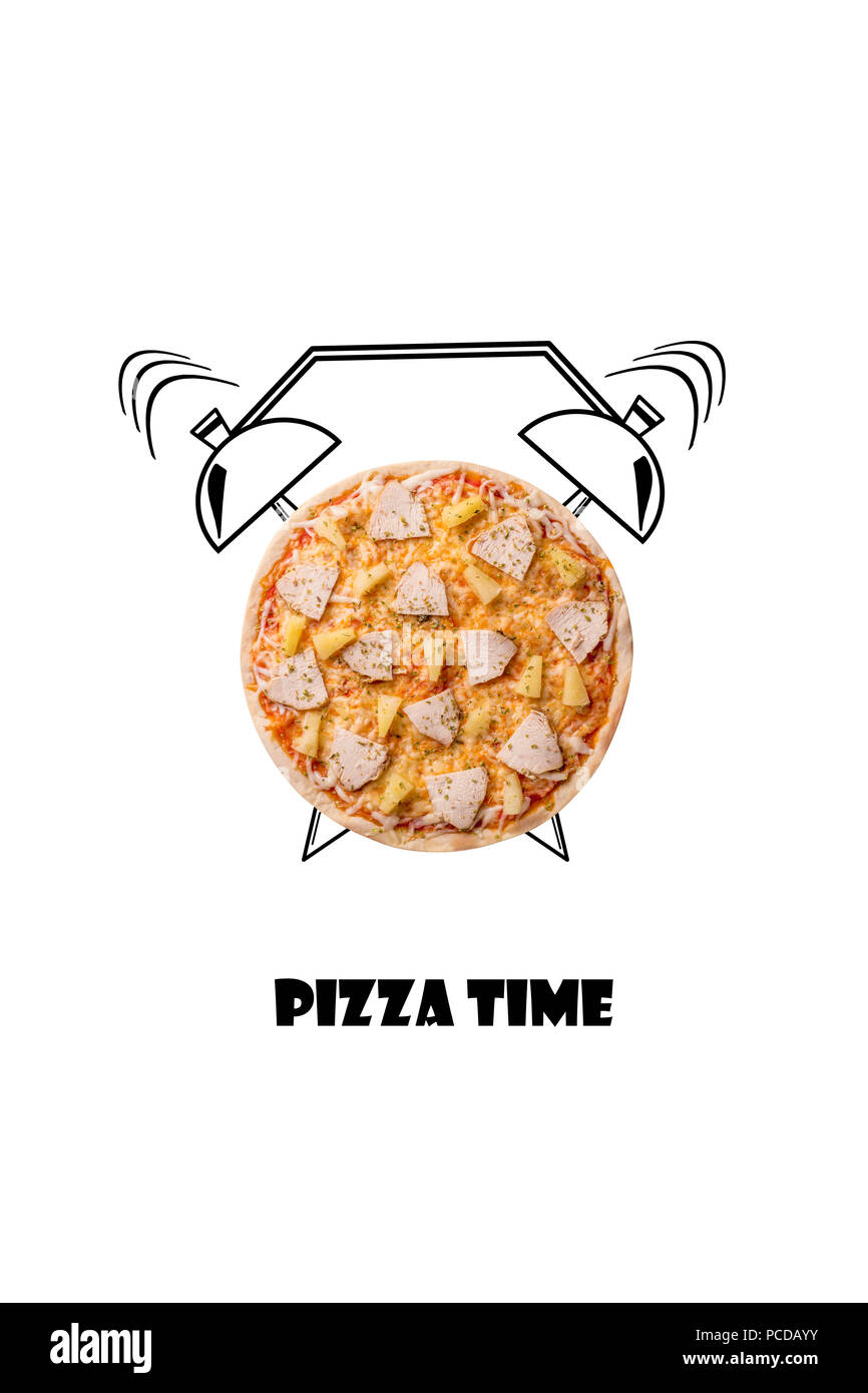Pizza and alarm clock hand drawn illustration isolated on white ...