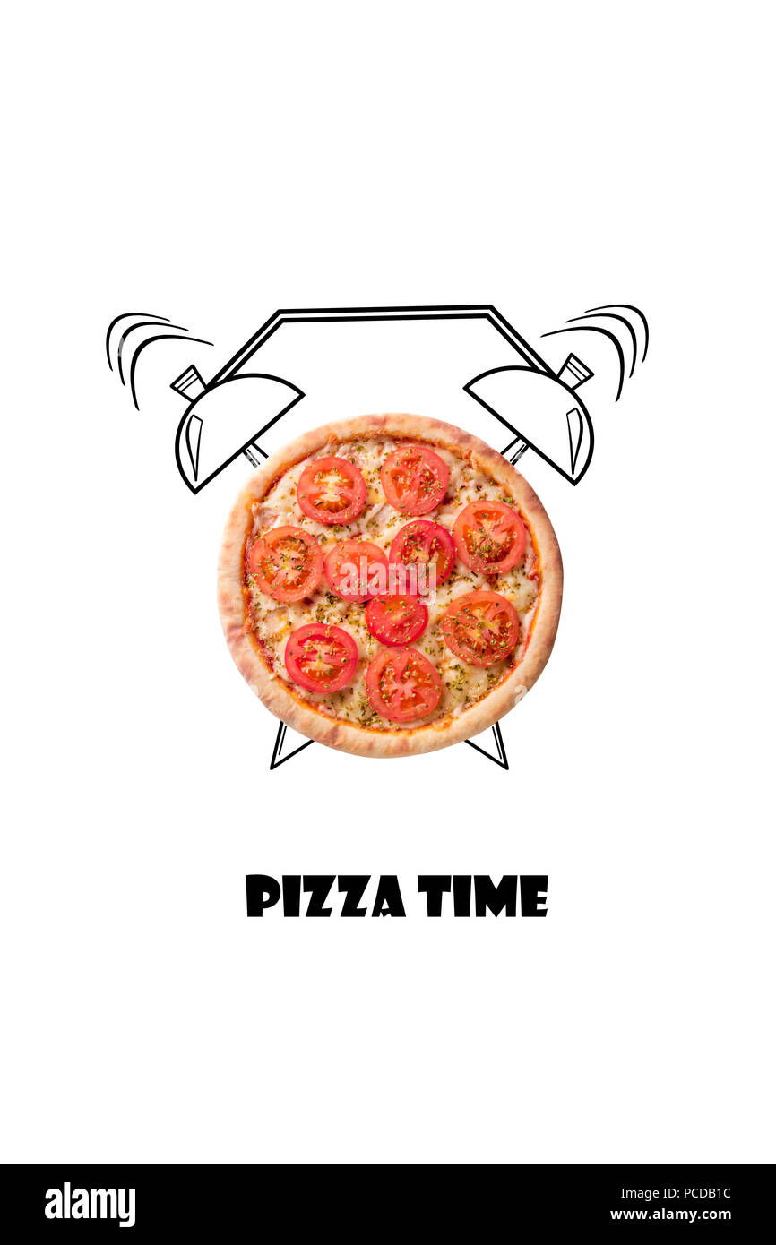 Pizza and alarm clock hand drawn illustration isolated on white ...