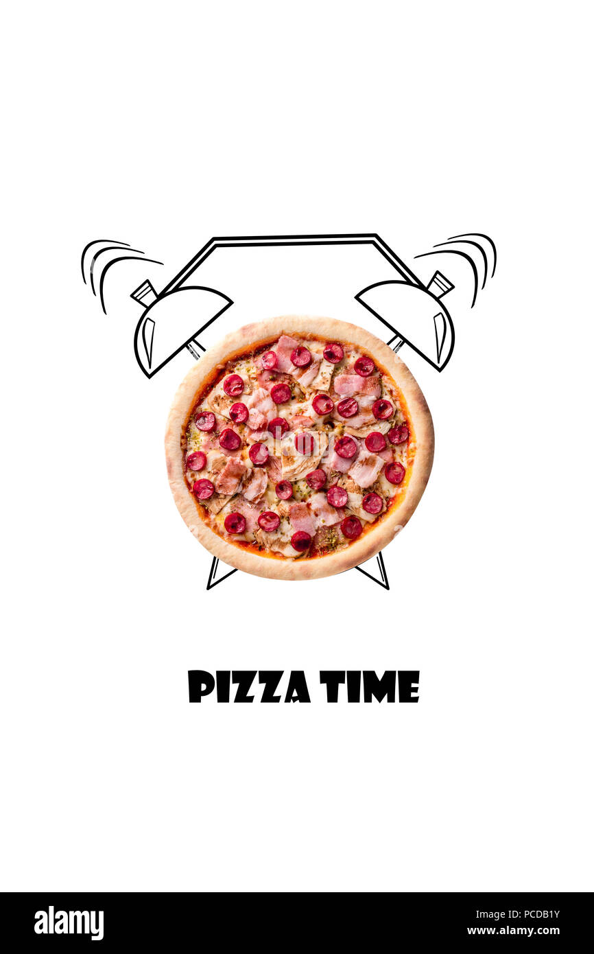 Pizza and alarm clock hand drawn illustration isolated on white ...
