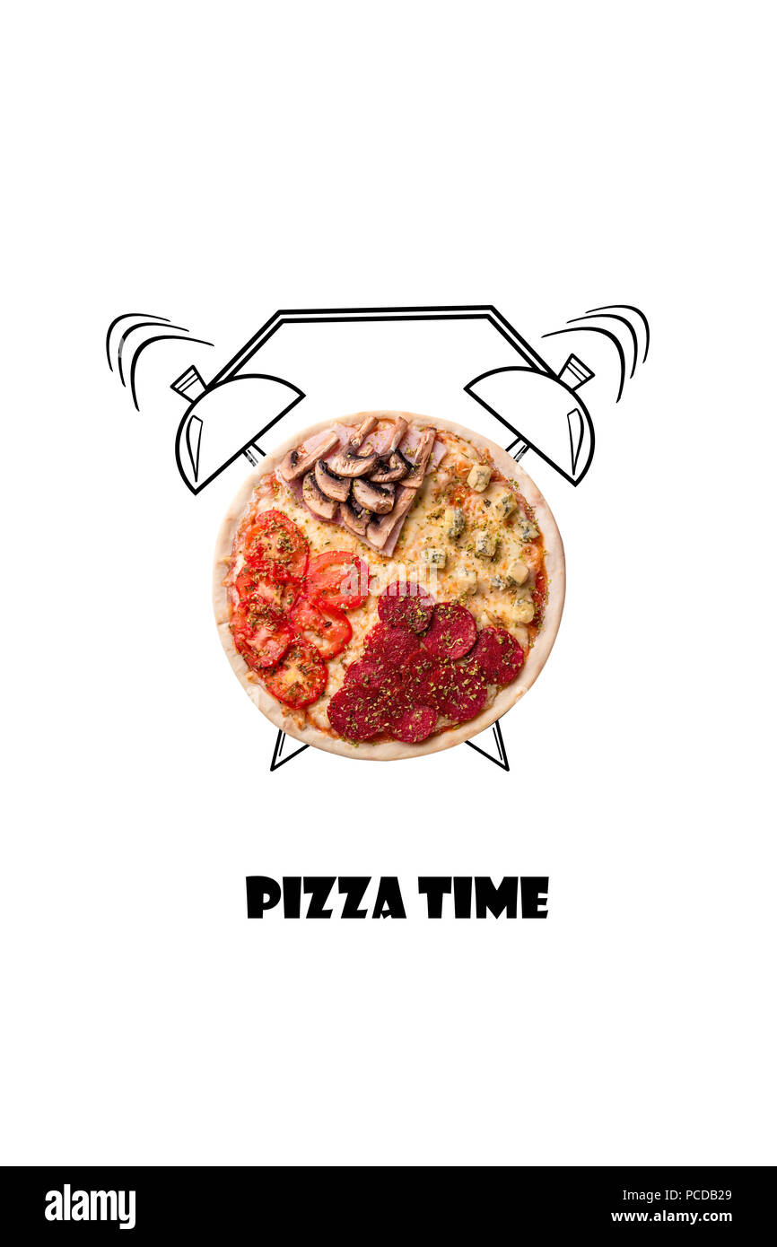 Pizza and alarm clock hand drawn illustration isolated on white ...