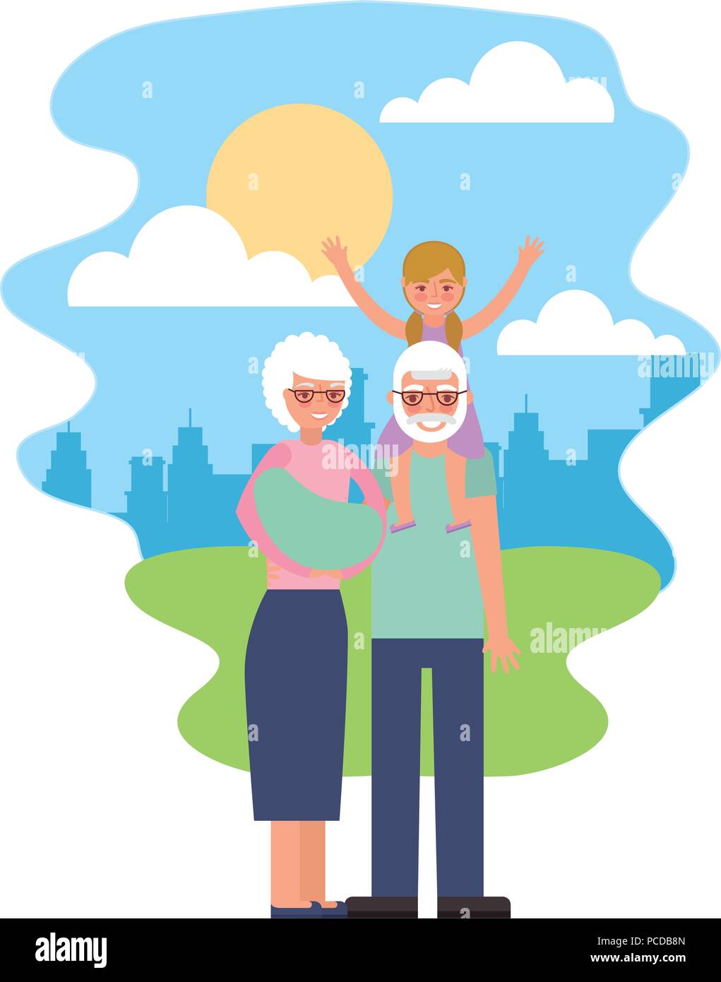 cute grandparents with grandchildren in landscape vector illustration ...