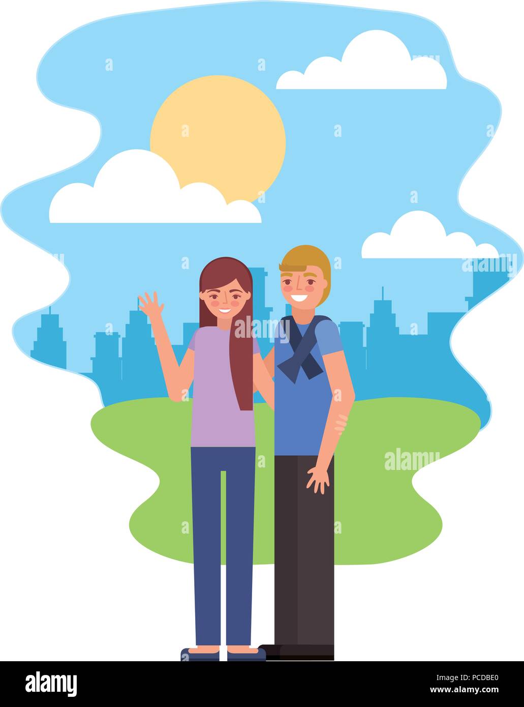 cute couple in landscape avatar character vector illustration design ...