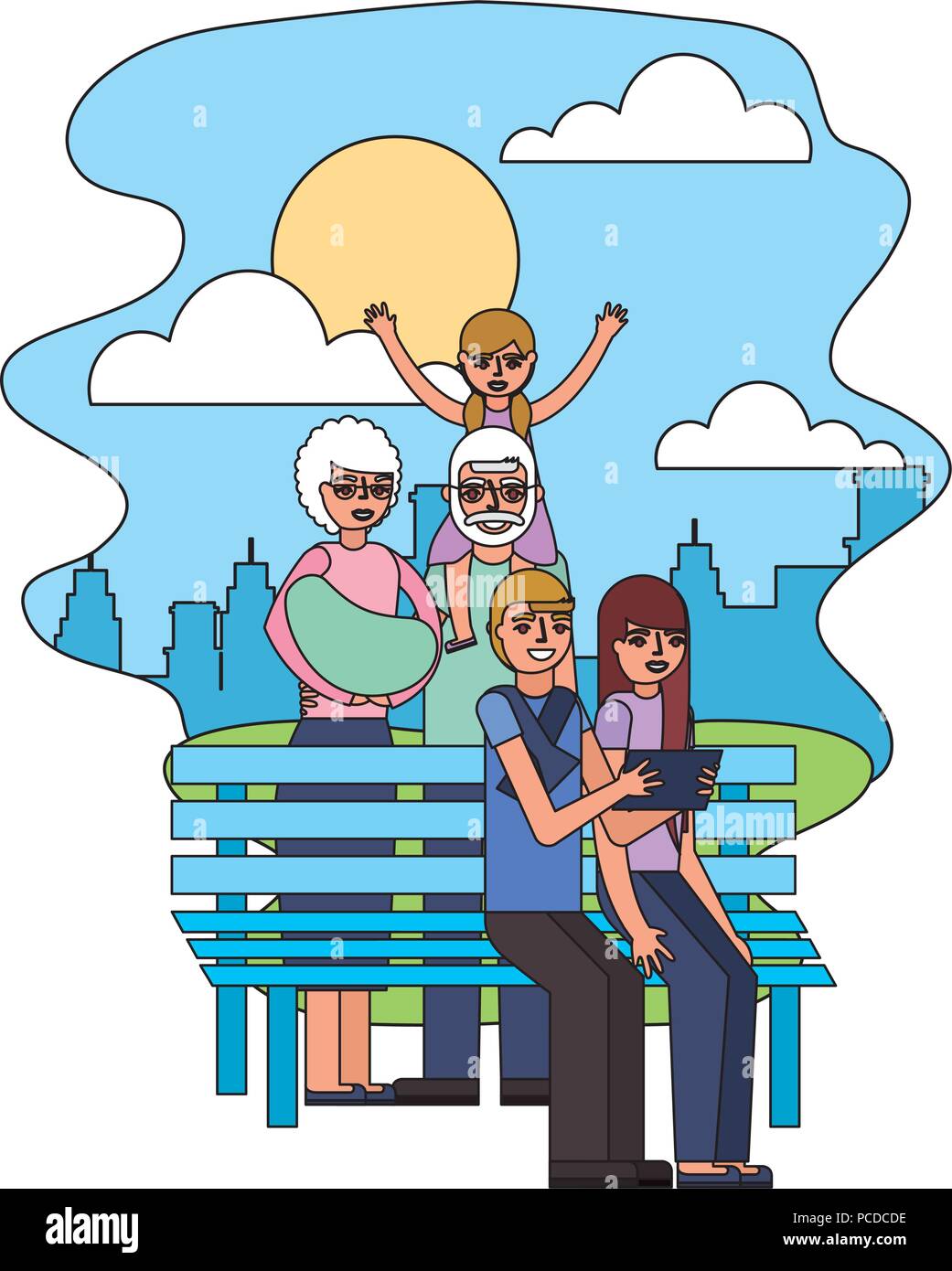 Family sitting on bench looking at camera Stock Vector Images - Alamy