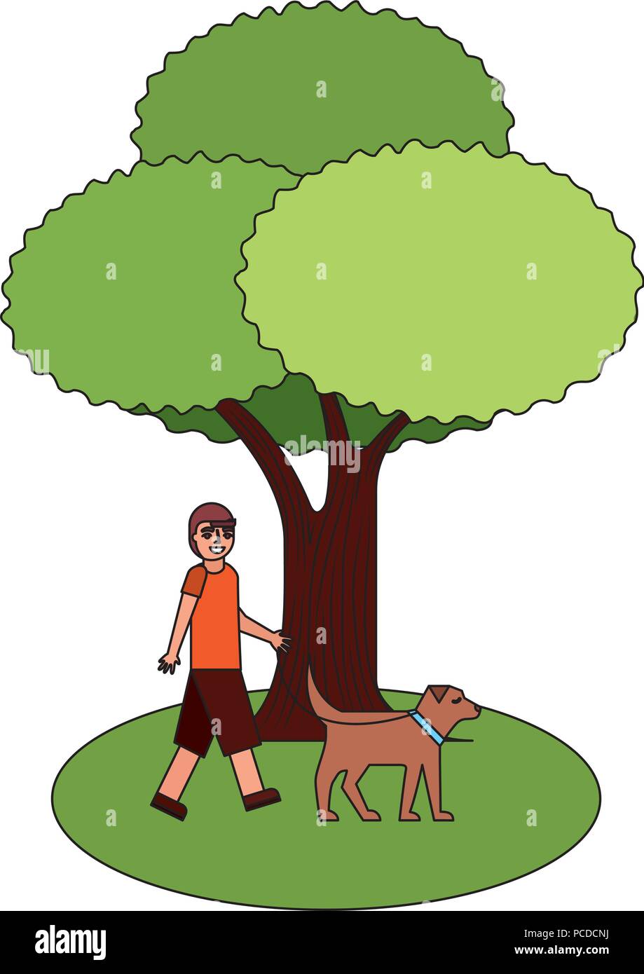 young boy walking with dog tree nature vector illustration Stock Vector ...
