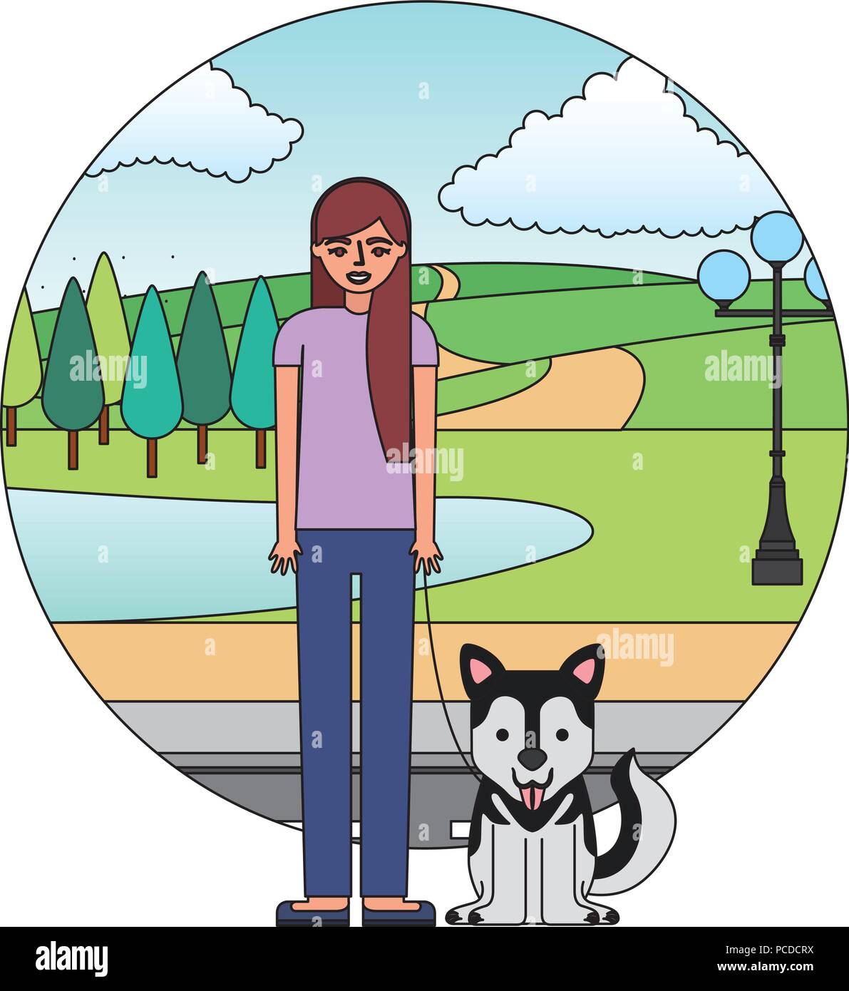 woman standing with siberian dog in the street park vector illustration ...