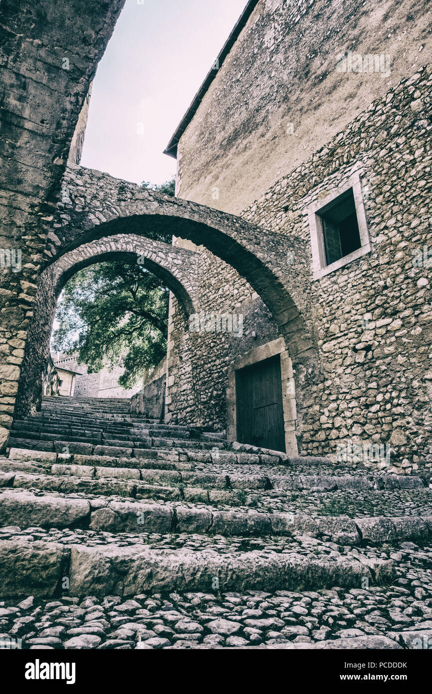 Architecture detail of construction of a medieval stone castle from the ...