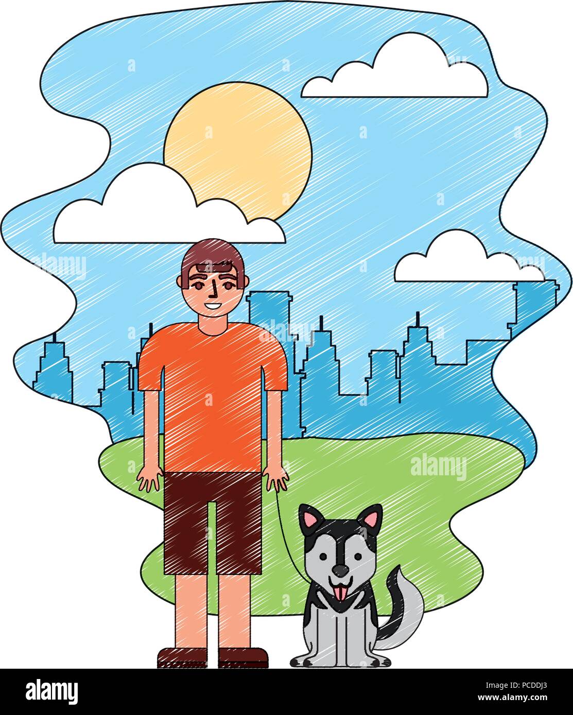 young man with dog mascot in landscape vector illustration design Stock ...