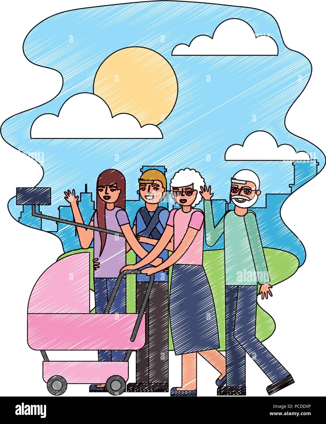 cute family with baby cart and pole selfie in landscape vector ...