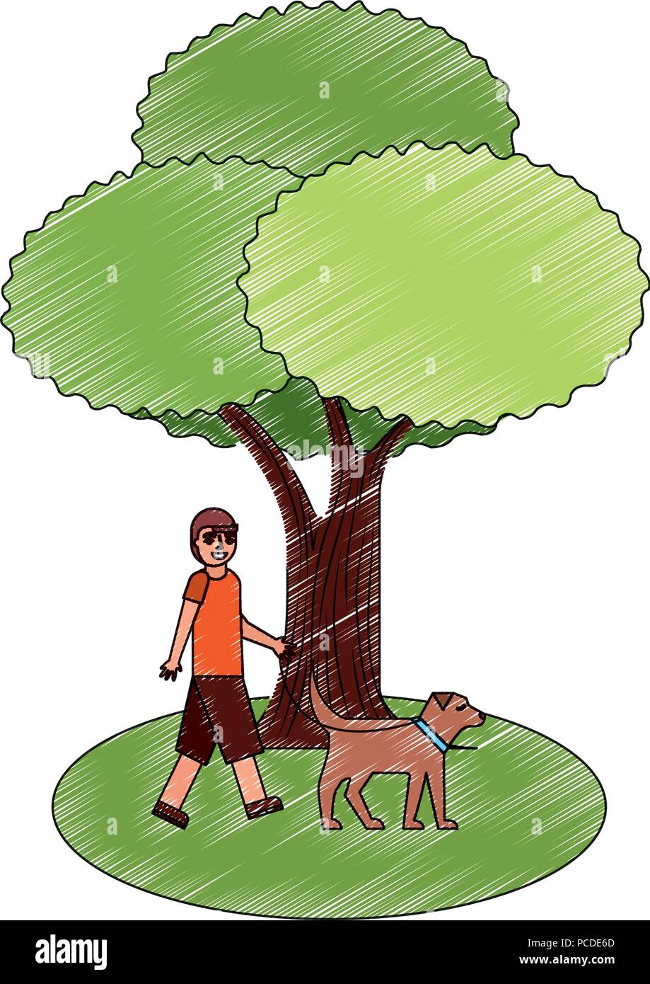 tree plant with young man and dog mascot vector illustration design ...