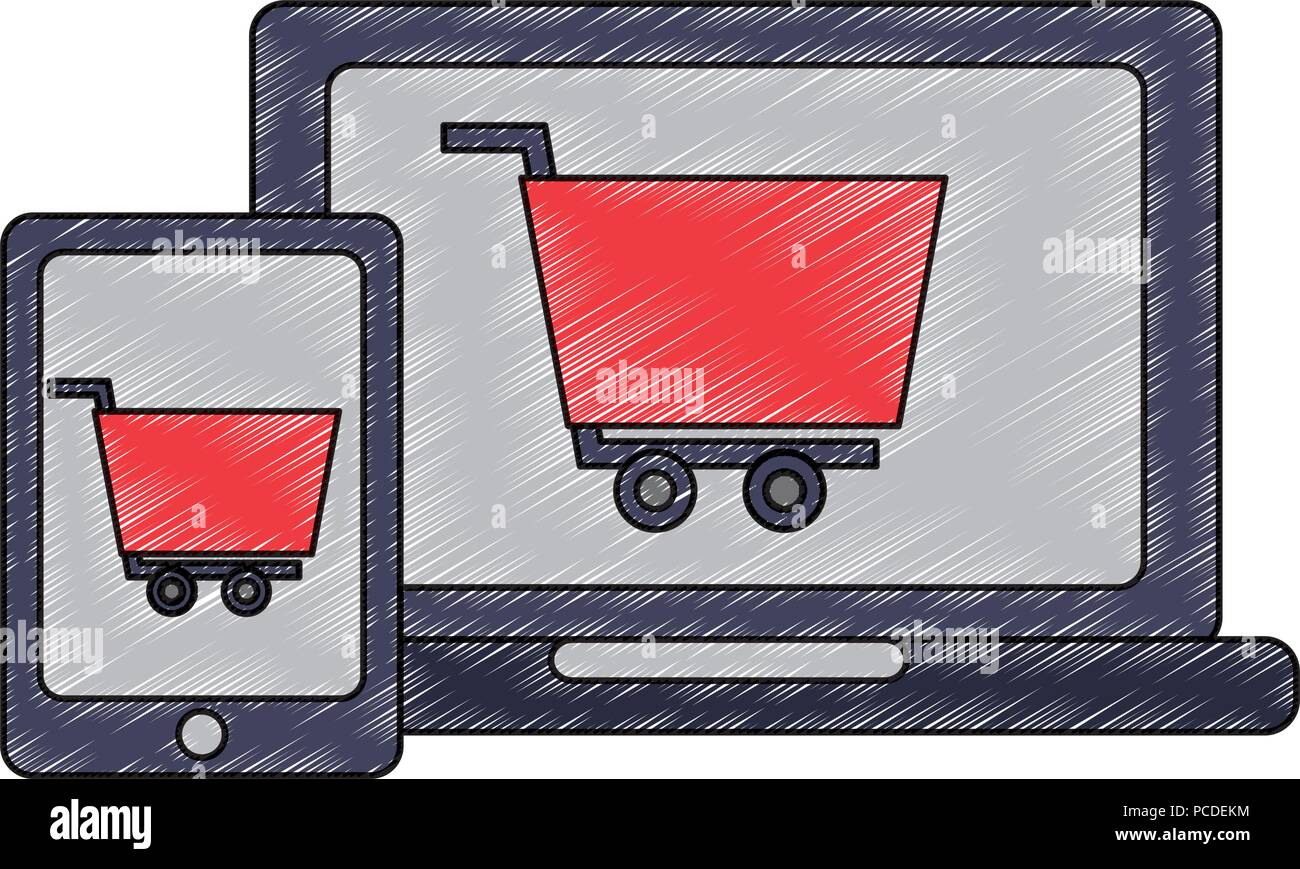 set tablet device with cart shopping isolated icon vector illustration ...