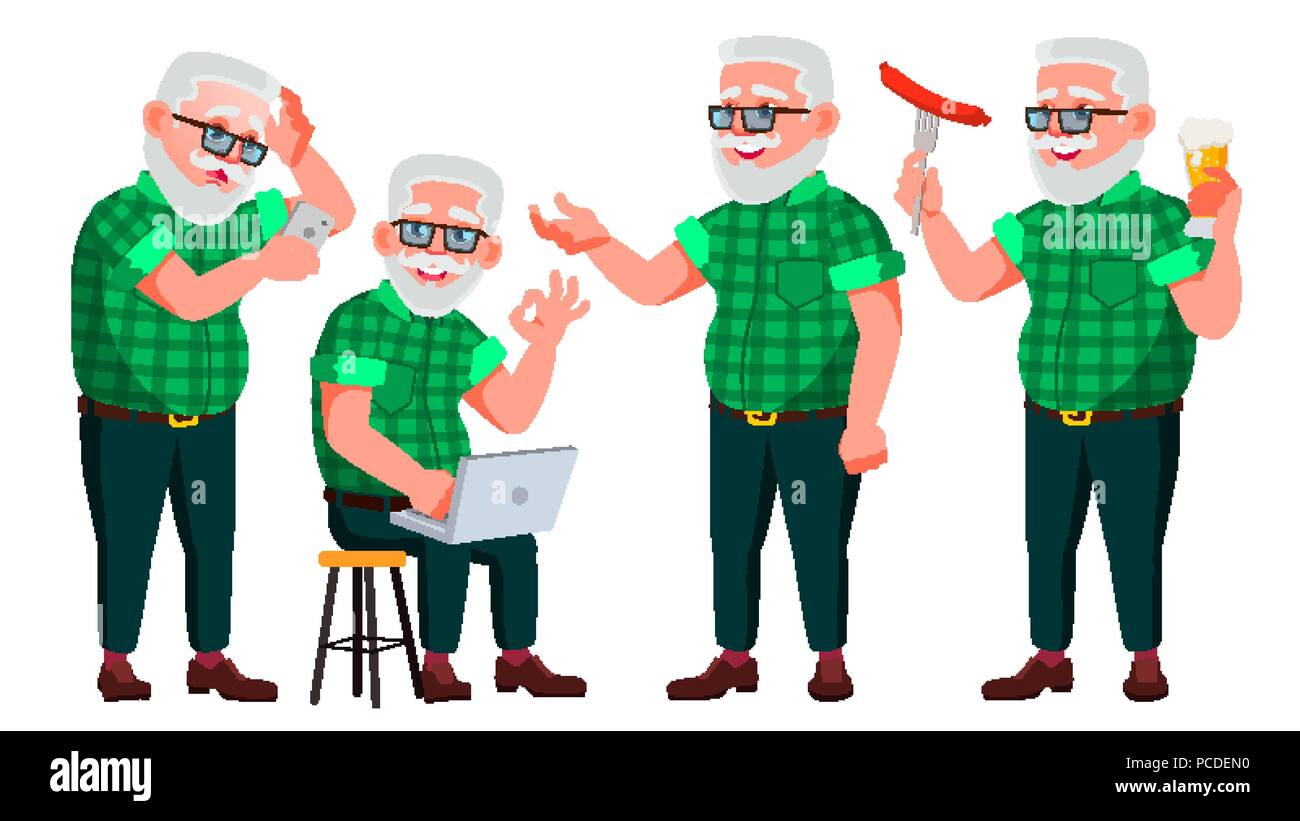 Old Man Poses Set Vector. Elderly People. Senior Person. Aged ...