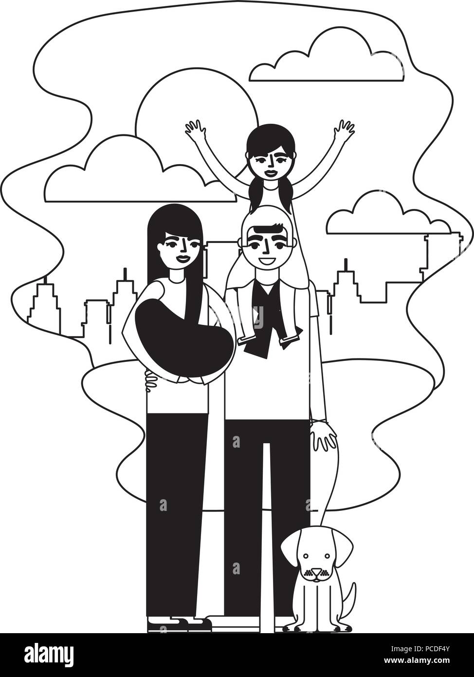 cute family with dog mascot in landscape vector illustration design ...