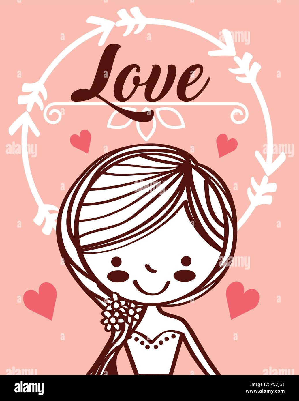 cute portrait cartoon wedding bride love card vector illustration Stock ...