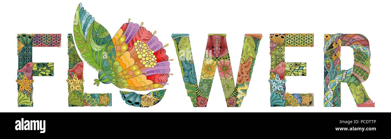 Hand-painted art design. Hand drawn illustration word FLOWER for t ...