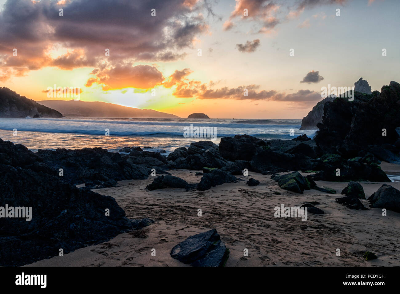 sunset at the beach of laga in bizkaia Stock Photo - Alamy