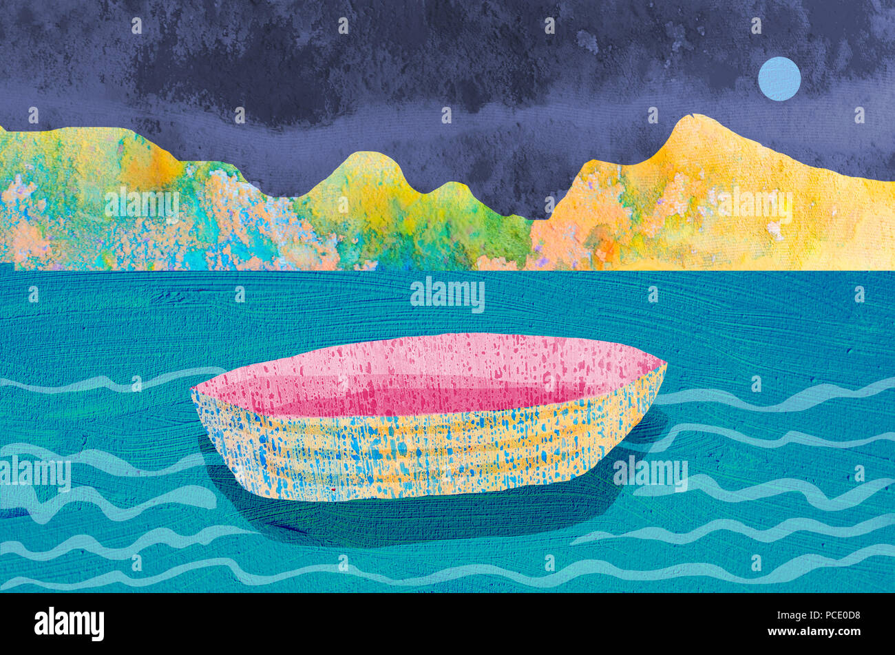 Illustration of empty boat drifts in the lake against the background of ...