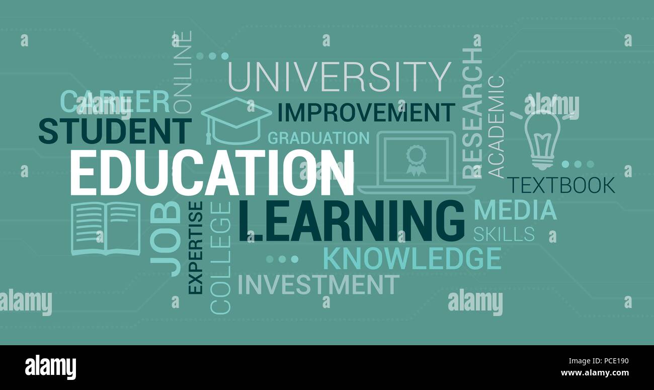 Education, university and learning tag cloud with icons and concepts ...