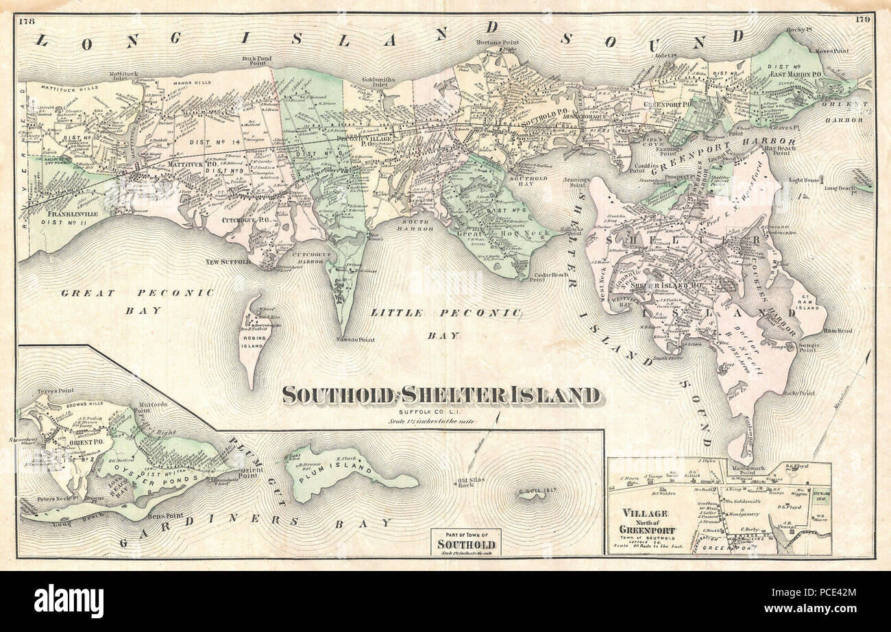 10 1873 Beers Map of Southold ^ Shelter Island, Long Island, New York ...