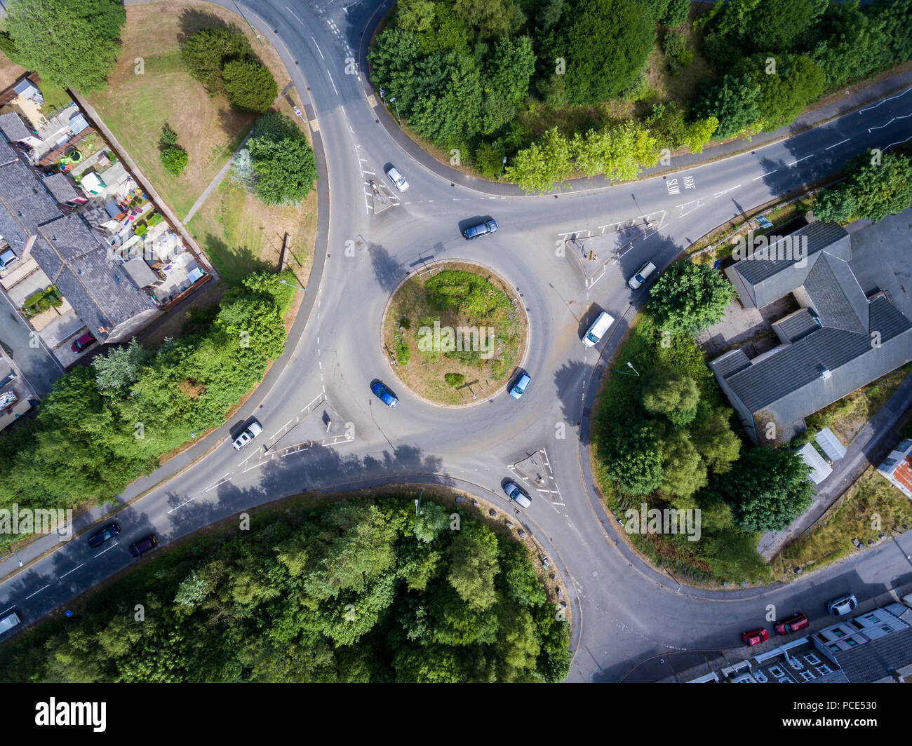 Aerial view of a UK roundabout and roads in a small welsh town called ...