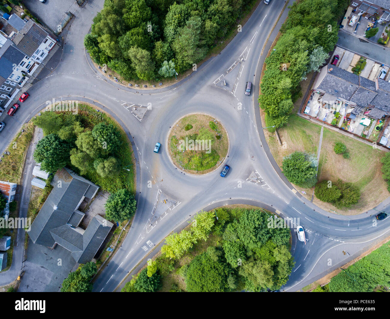 Aerial view of a UK roundabout and roads in a small welsh town called ...