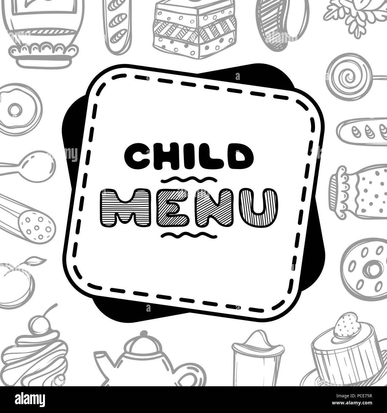 Cute hand drawn menu for cafe on food background. Linear doodle ...
