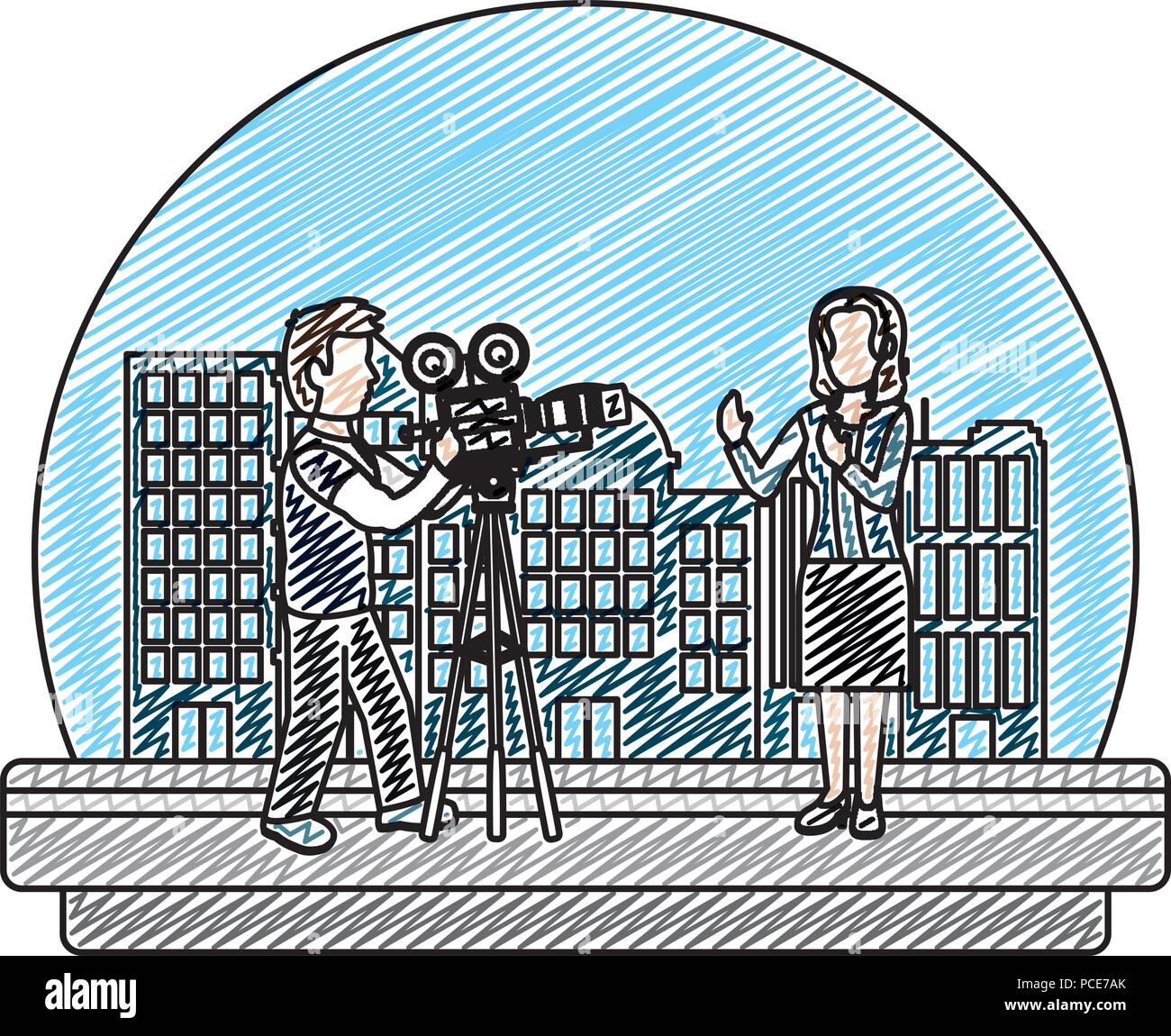 doodle professional cameraman film to woman reporter Stock Vector Image ...