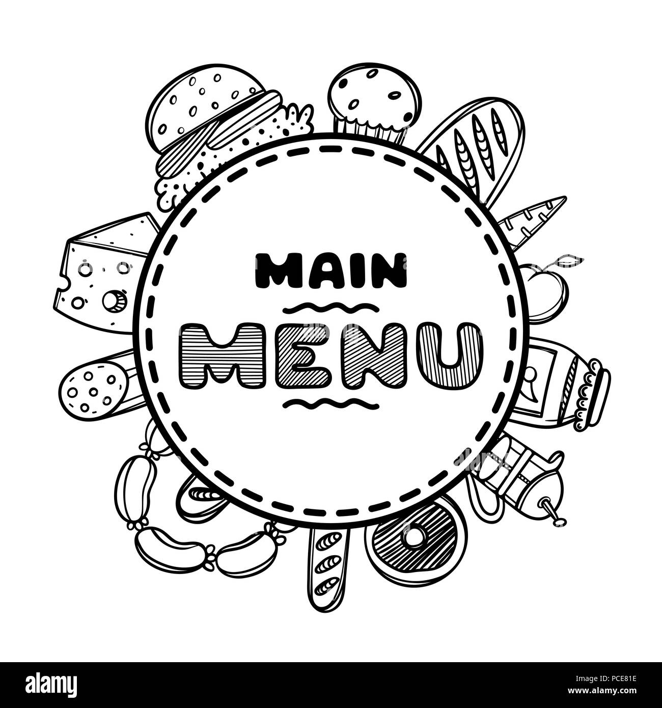 Hand drawn menu for cafe with food. Sketch concept illustration. Linear ...
