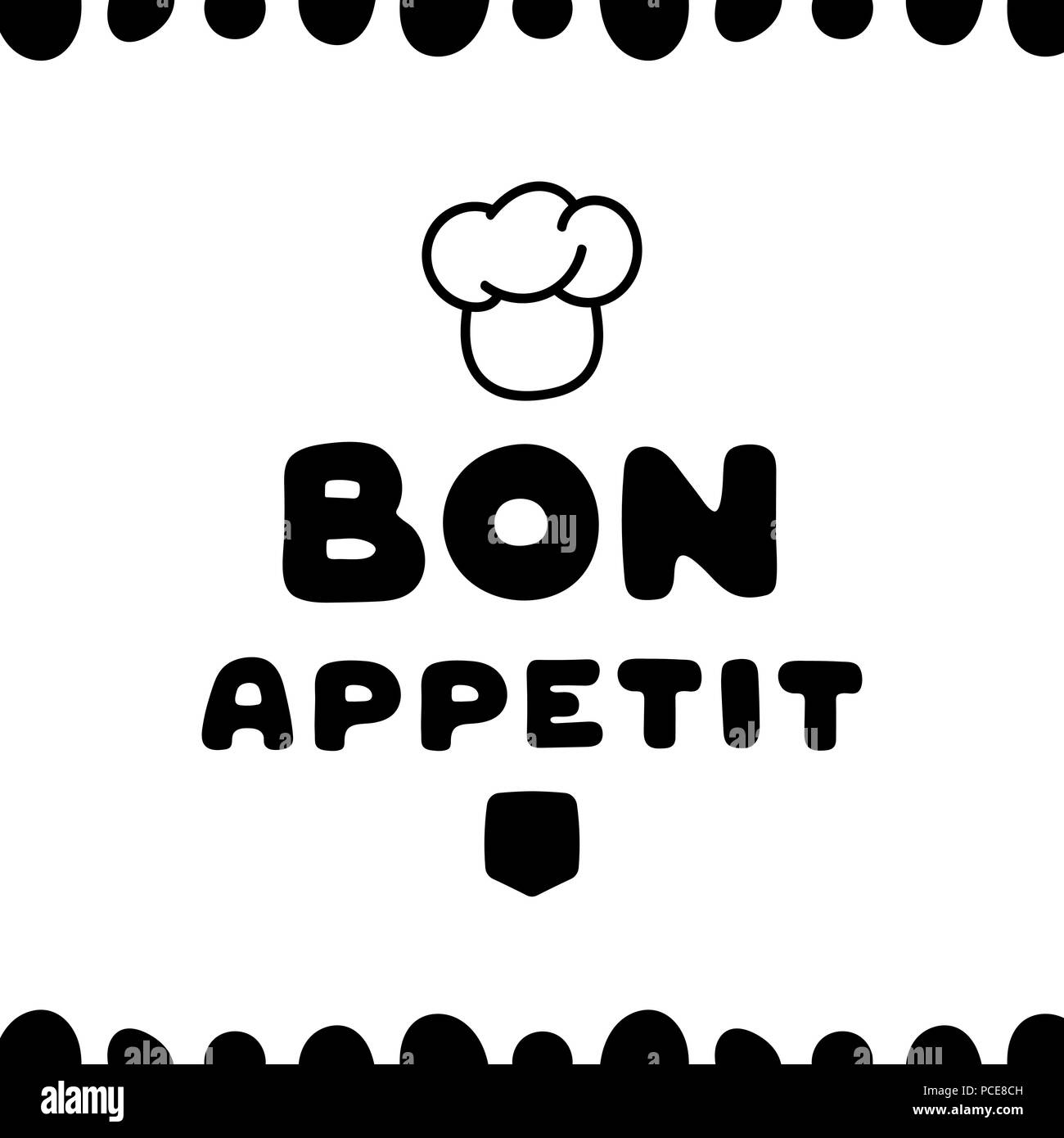 Cute hand drawn card for cafe with bon appetit quote. Cartoon doodle ...