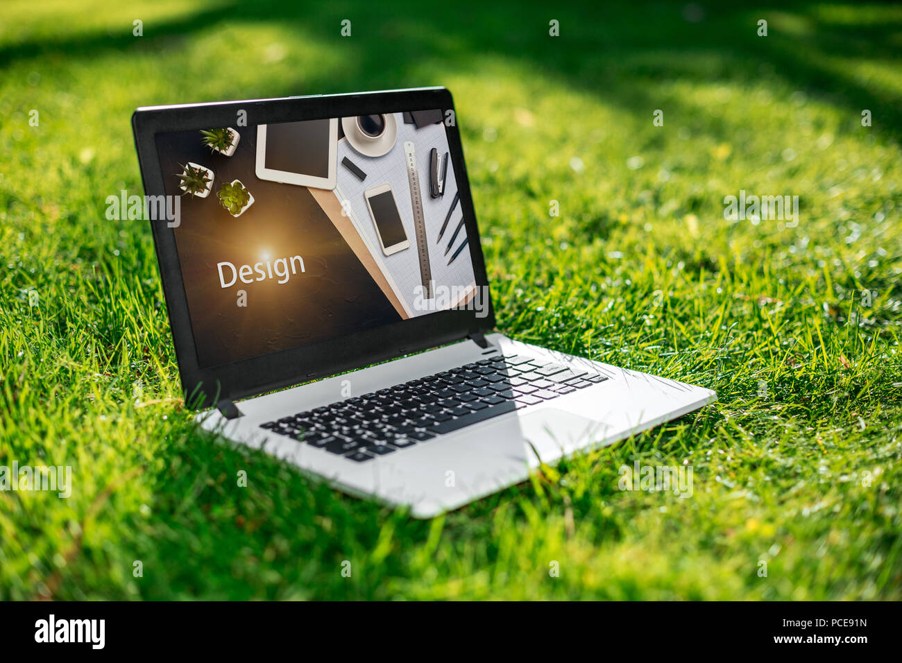 Laptop with advertising screen on the background green grass, outdoor ...