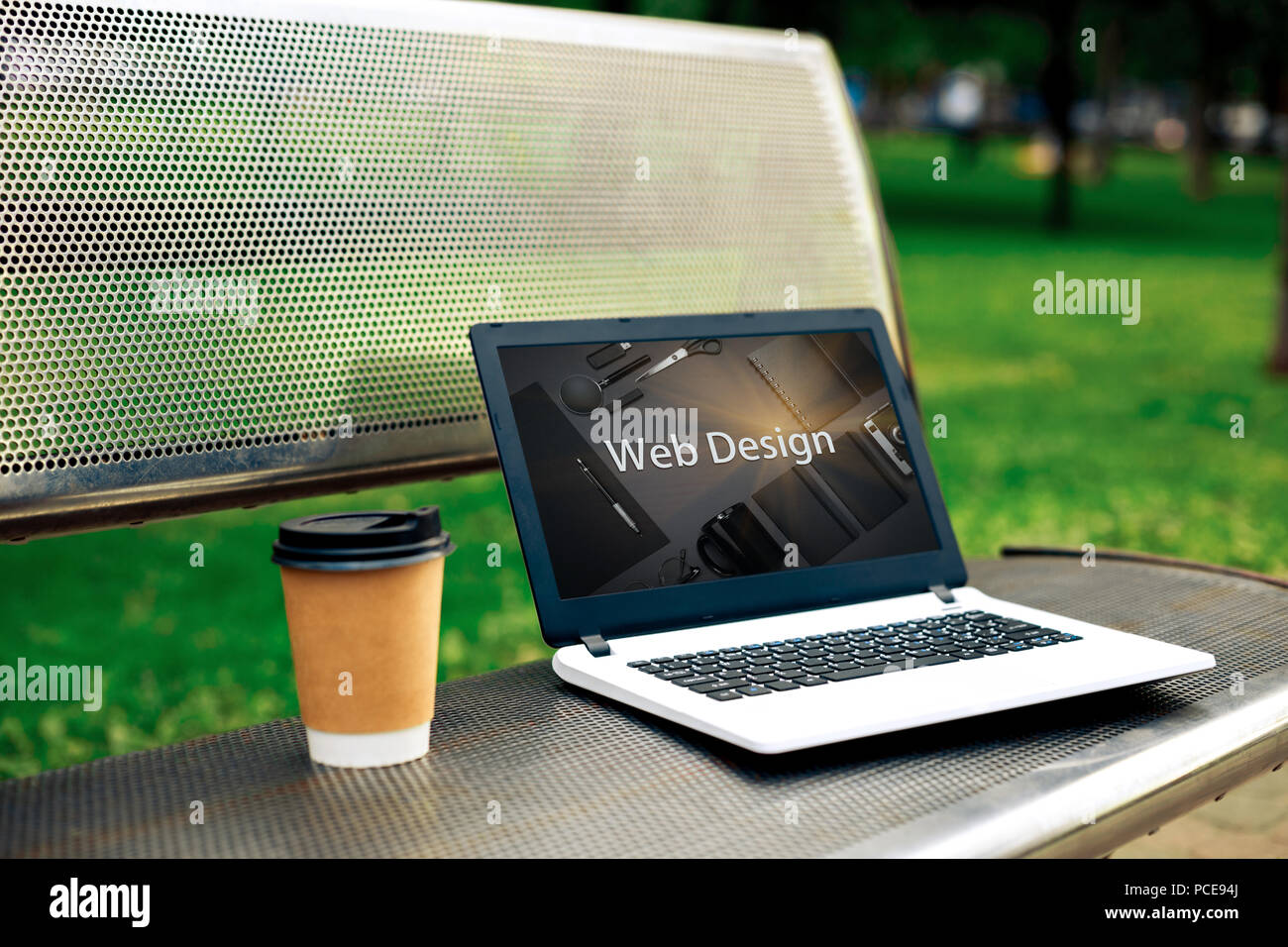 Laptop computer at the park background. Photo depicts notebook computer ...