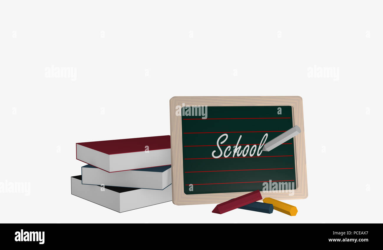 Slate with the text School, a stack of books and colorful chalk. 3d ...