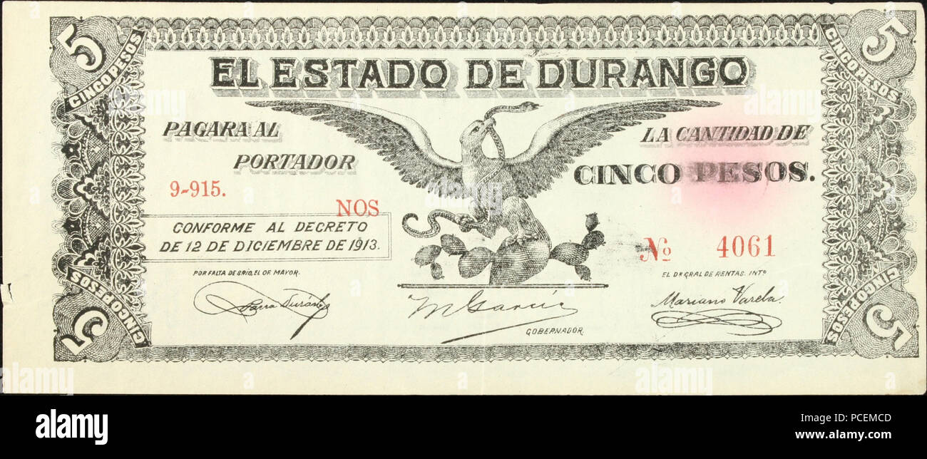 85 Billete de cinco pesos. Durango Stock Photo - Alamy