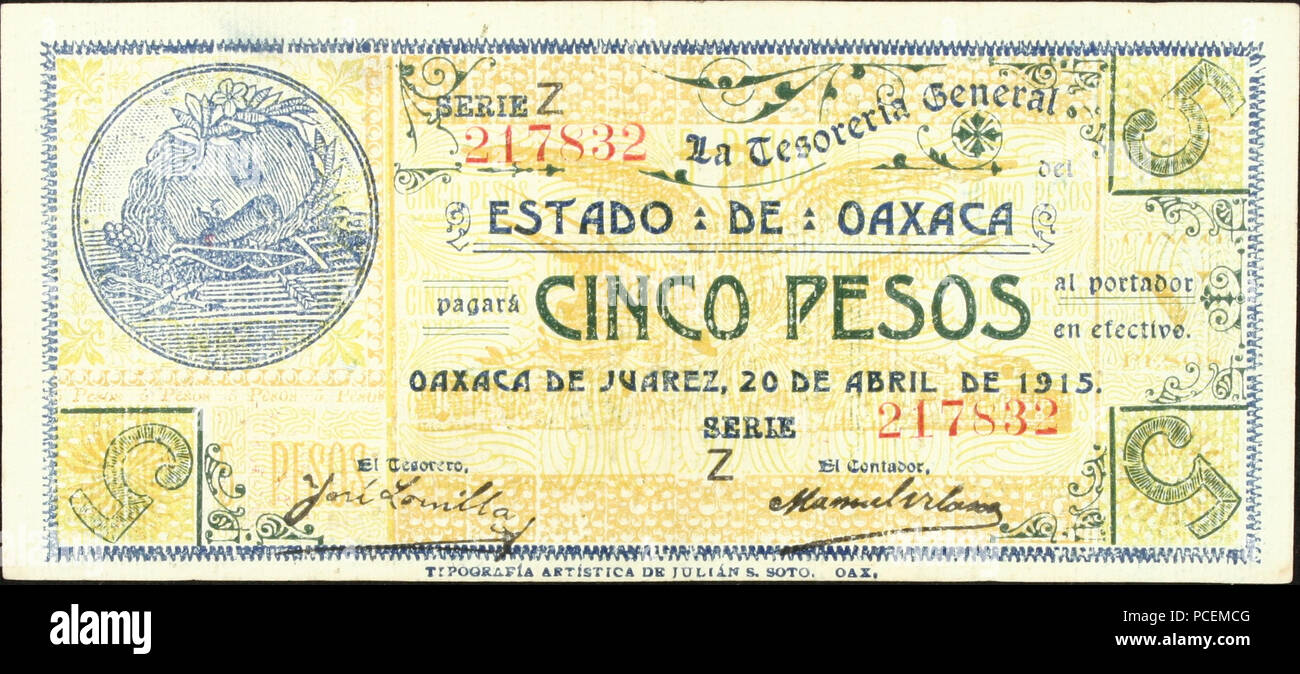 85 Billete de cinco pesos. Estado de Oaxaca Stock Photo - Alamy