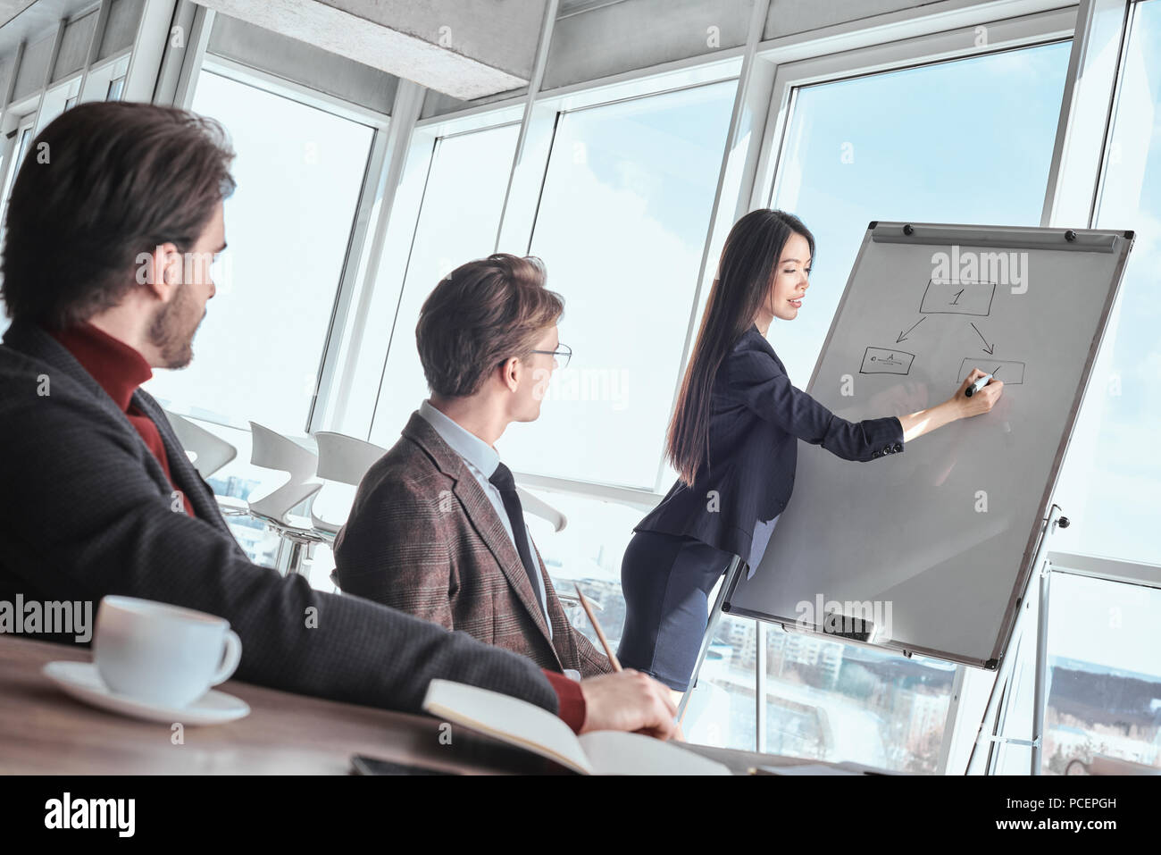 Businesspeople at office working together woman drawing plan on Stock ...