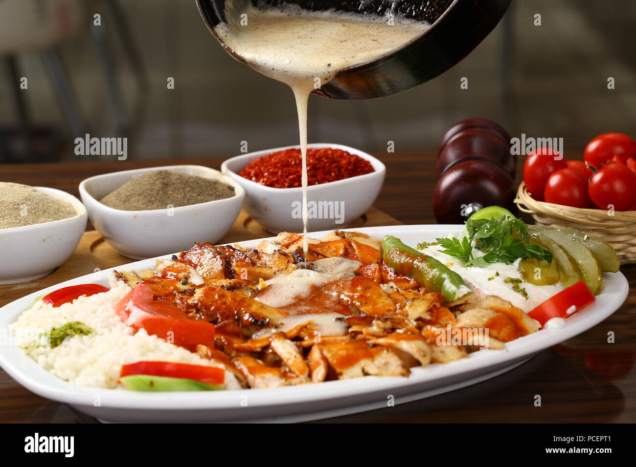 Turkish iskender kebab - Chicken iskender kebap Stock Photo - Alamy