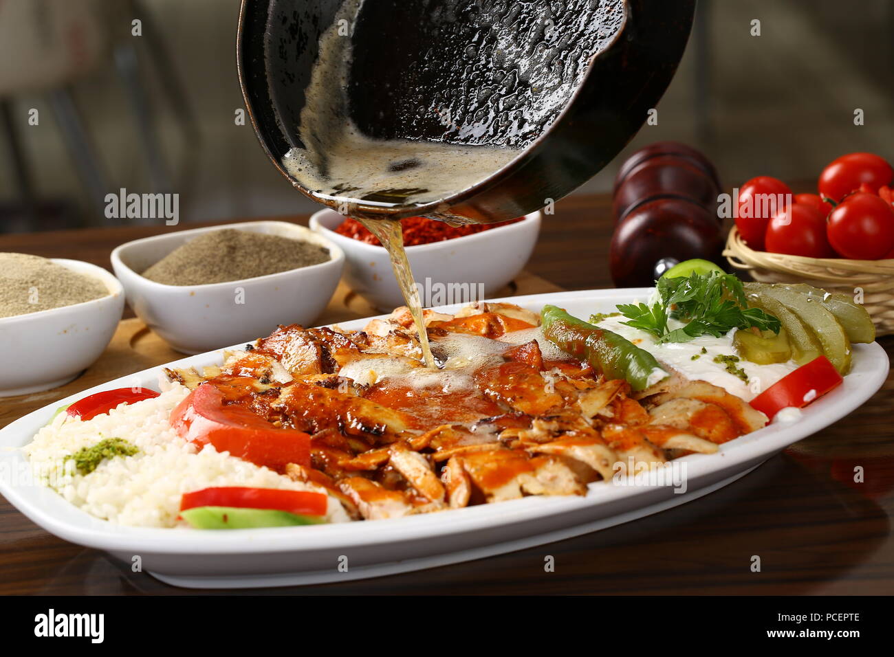 Turkish iskender kebab - Chicken iskender kebap Stock Photo - Alamy