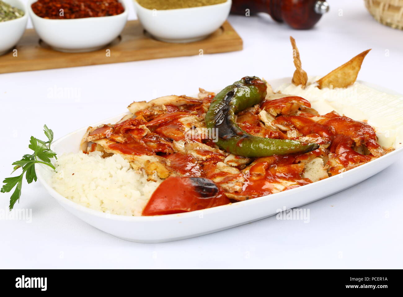 Turkish iskender kebab - Chicken iskender kebap Stock Photo - Alamy