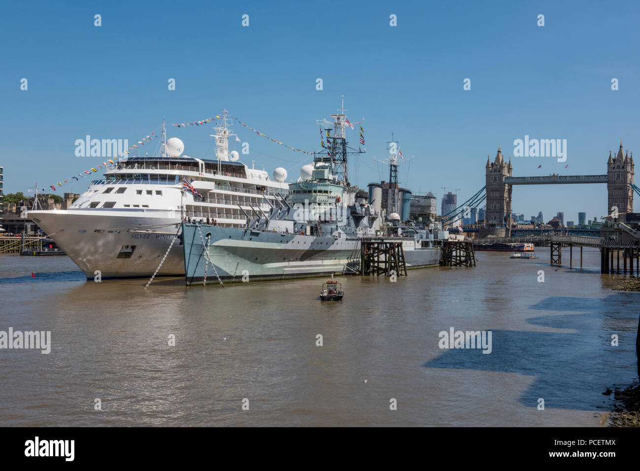 the silversea cruise ship or liner silver wind next to HMS Befast in ...