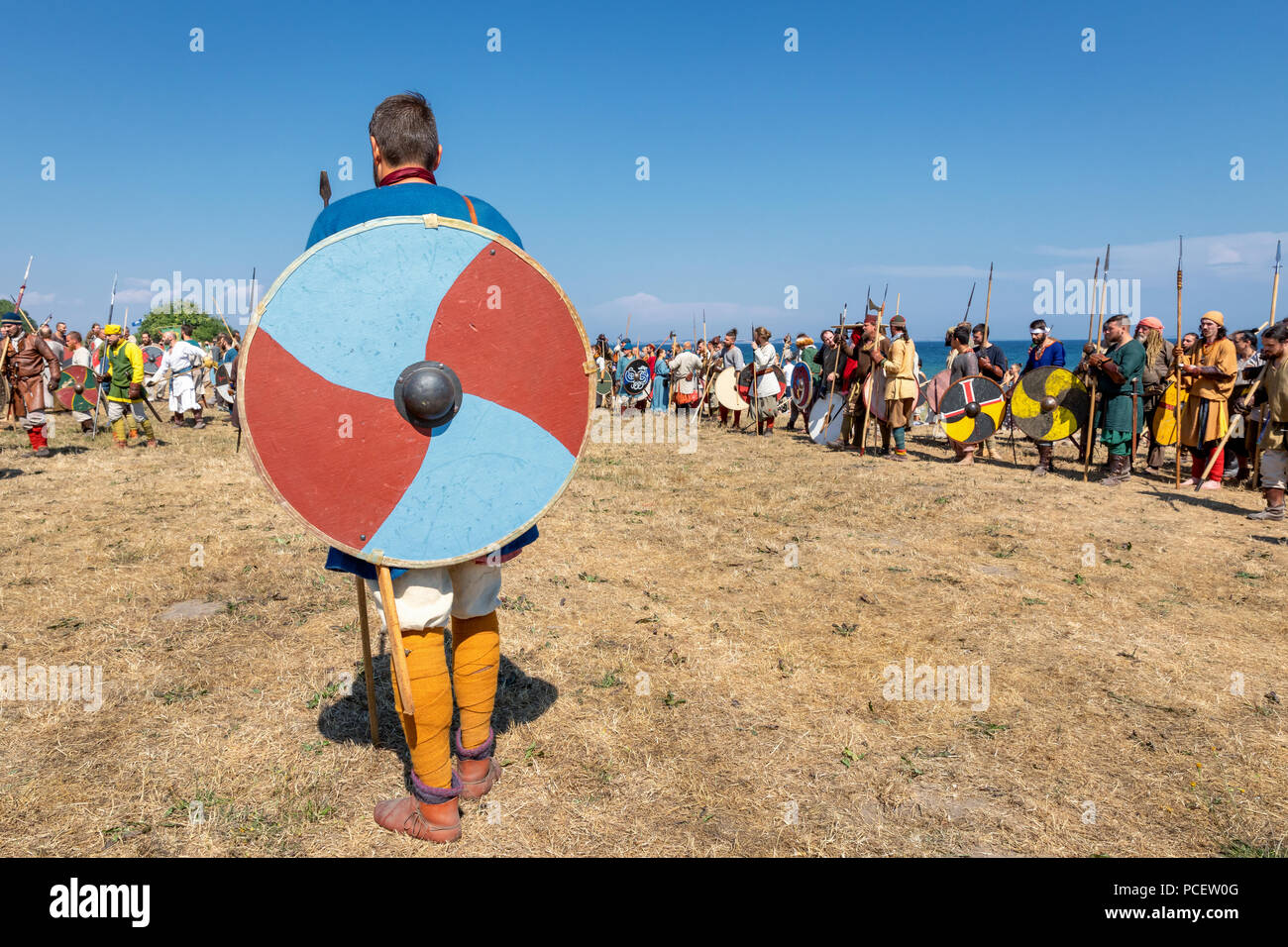 A Viking battle reenactment, Moesgaard Viking Moot, Aarhus, Denmark ...