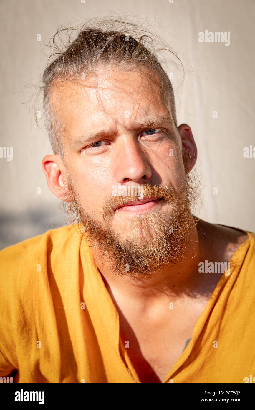 A close-up of a man participating in Moesgaard Viking Moot, Aarhus ...