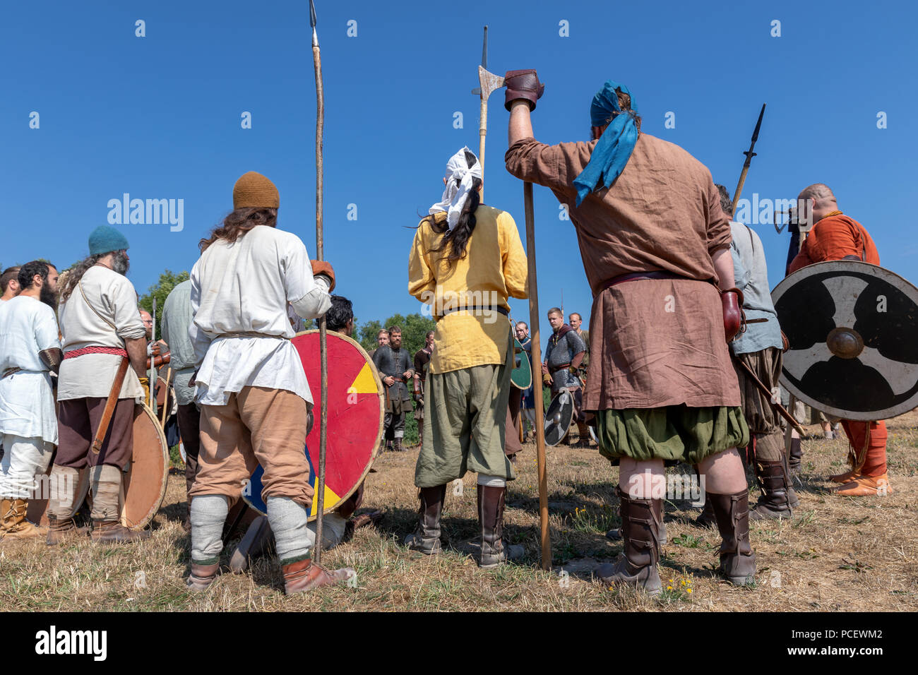 A Viking battle reenactment, Moesgaard Viking Moot, Aarhus, Denmark ...