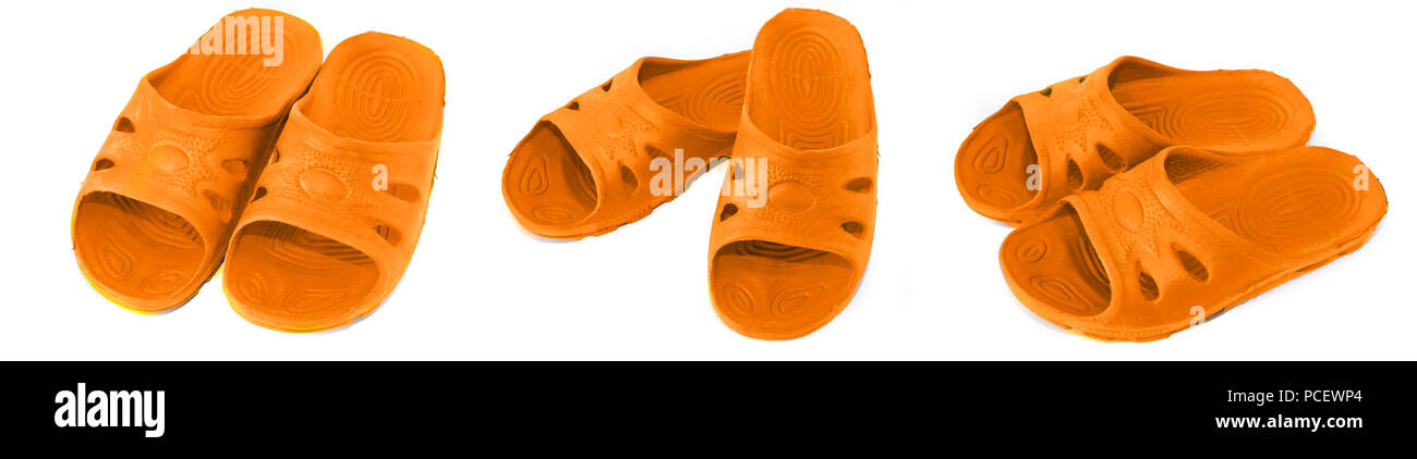 Rubber slap on a white background. Shoes on a white background. Collage ...