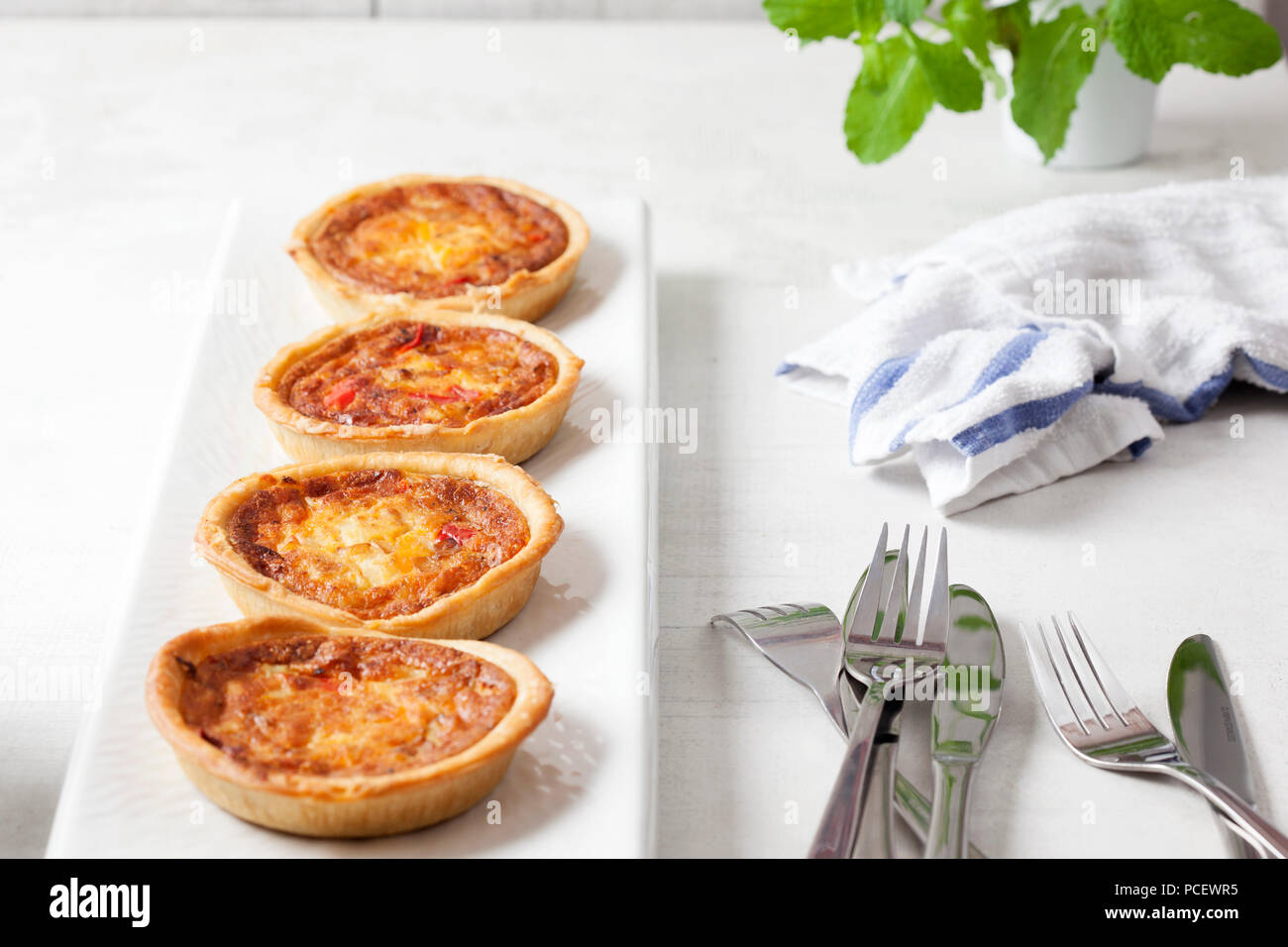 Individual mini quiches on a white rectangular plate Stock Photo - Alamy