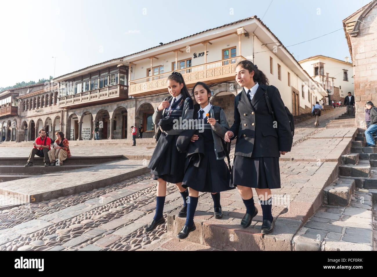 April 21, 2014 - Cusco, Peru. Group of smiling children heading to ...