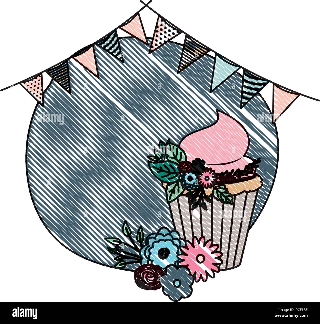 cupcake with flowers and garlands circular frame Stock Vector Image ...